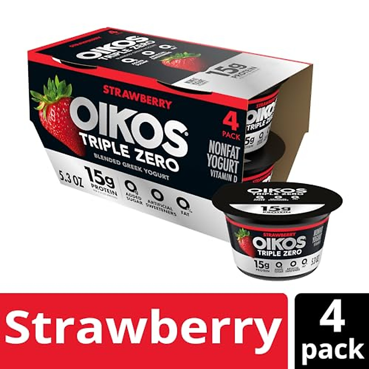 Oikos Triple Zero Strawberry Nonfat Greek Yogurt Pack, 0% Fat, Sugar Free and 0 Artificial Sweeteners, Just Delicious High Protein Yogurt, 4 Ct, 5.3 OZ Cups