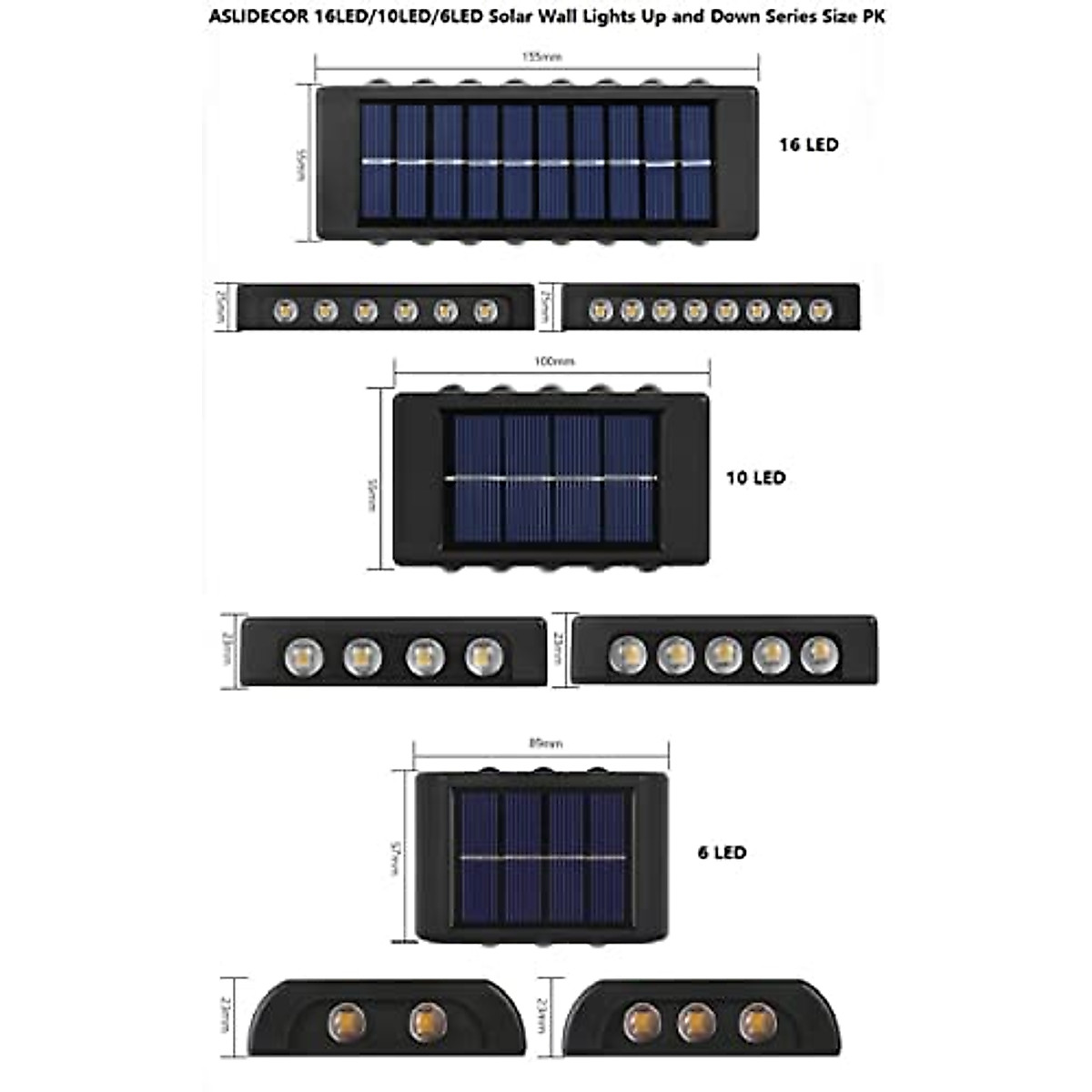 ASLIDECOR 16 Led Up Down Solar Wall Lights, 2 Pack Warm White Solar Fence Lights Waterproof,Black Solar Deck Lighting for House Garden Porch