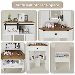 ARTETHYS Small Vanity Desk Set with Mirror and Lights Corner Makeup Table with Drawers for Small Space Farmhouse White Makeup Vanity Table with Storage Stool for Bedroom
