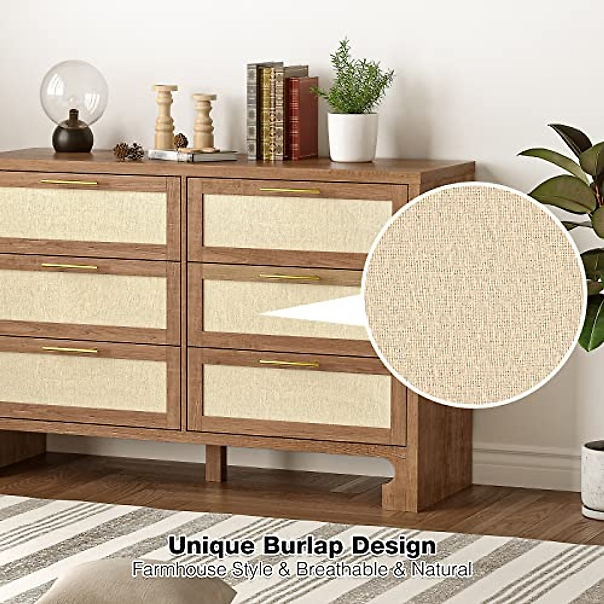 IDEALHOUSE Dresser for Bedroom with 6 Drawers, Burlap Design Wood Drawer Dresser Chest of Drawers for Closet, Living Room, Hallway, Nursery, Kids Bedroom, Caramel