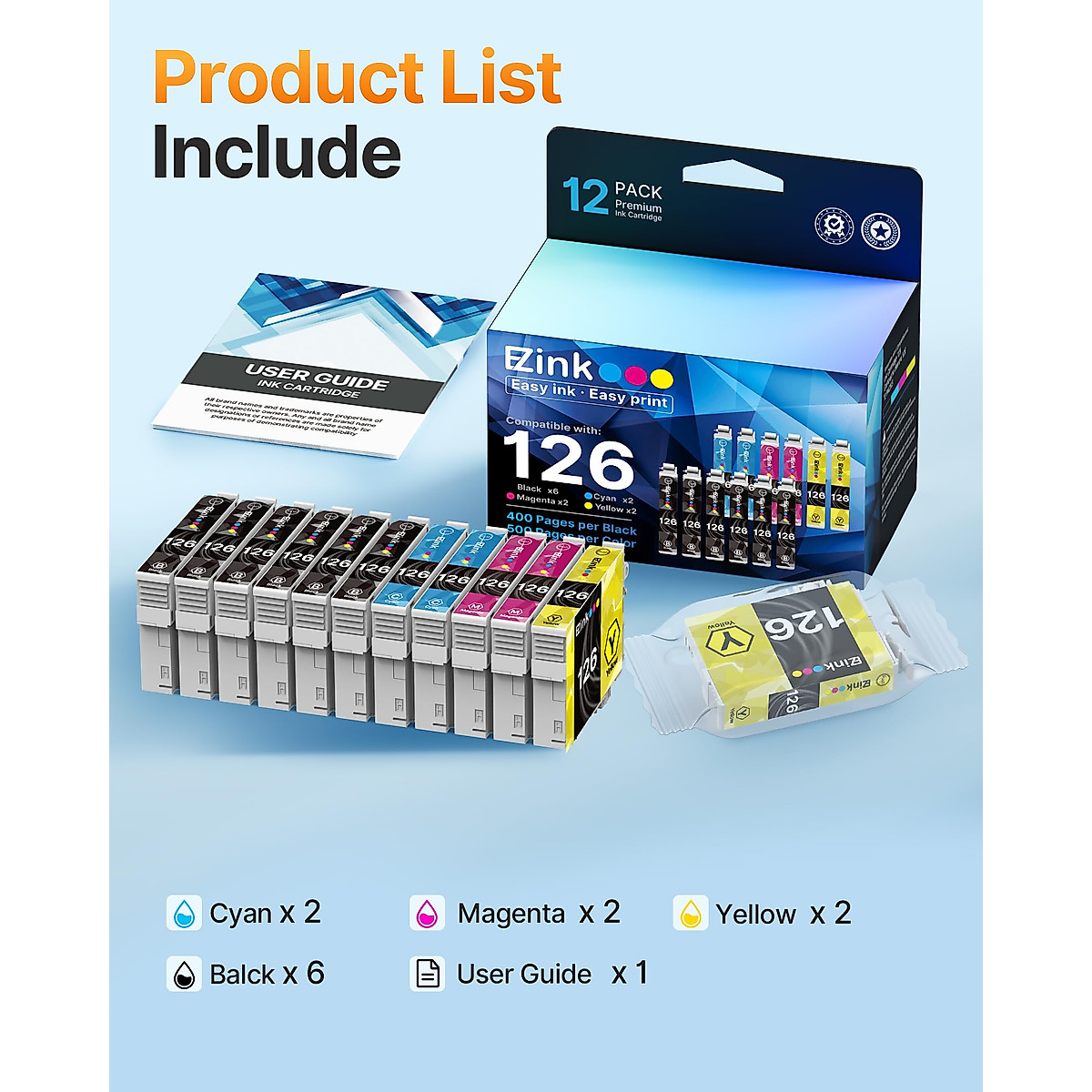 E-Z Ink (TM Remanufactured Ink Cartridge Replacement for Epson 126 T126 to use with Workforce 435 520 545 635 645 WF-3520 WF-3530 WF-3540 WF-7010 WF-7510 (6 Black,2 Cyan,2 Magenta,2 Yellow) 12 Pack