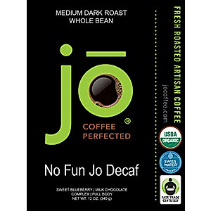 NO FUN JO DECAF: 12 oz, Organic Decaf Coffee, Swiss Water Process, Fair Trade Certified, Medium Dark Roast, Whole Bean Arabica Coffee, USDA Certified Organic, NON-GMO