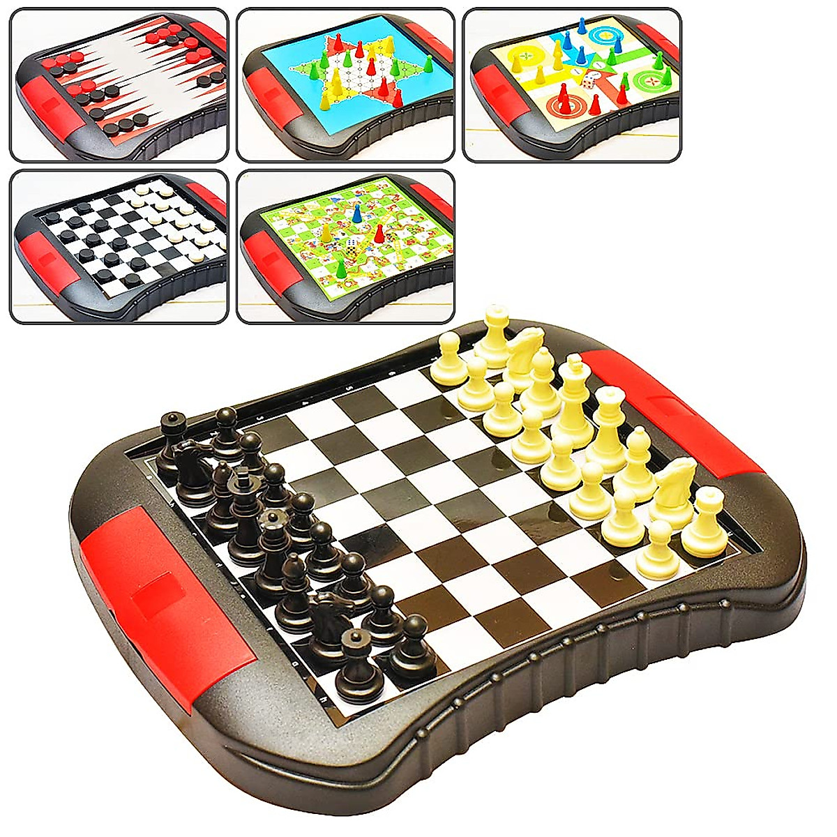 Magnetic Travel Board Games, Chess Set Magnet with 6 Classic Games, 7.8*6.7 In, for Kids 6 and up, Chinese Checkers, Backgammon, Flying Chess, Snakes&Ladders, International Checkers, Small and Light