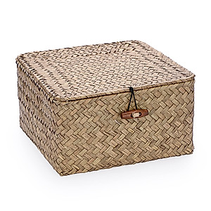 Hipiwe Wicker Shelf Baskets Bin with Lid Handwoven Seagrass Storage Basket Container Square Multipurpose Household Basket Boxes for Shelves and Home Organizer, Coffee Small
