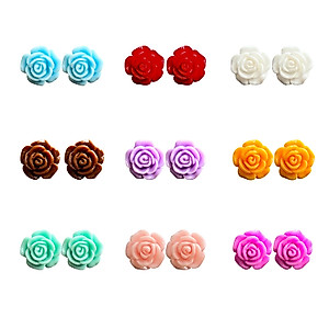 Just Follow 9 Pairs Boho Assorted Colors Resin Coral Rose Flower Earring Studs Set Small Cute Vacation Earrings Studs for Women with Gift Box (9 Pairs)