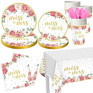 Zhehao 170 Pcs Bridal Shower Floral Party Supplies Miss to Mrs Plates and Napkins Rose and Gold Disposable Paper Tableware Set Includes Plates Cups Napkins Tablecloth for Wedding Engagement Engagement