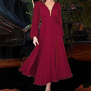 Work Dresses for Women Women's Deep V Neck Pleated Flowy Maxi Dress Long Sleeve Photoshoot Elegant High Waist Sexy Dresses Most Popular Dresses On Amazon Womens Cocktail Dresses for Wedding Guest