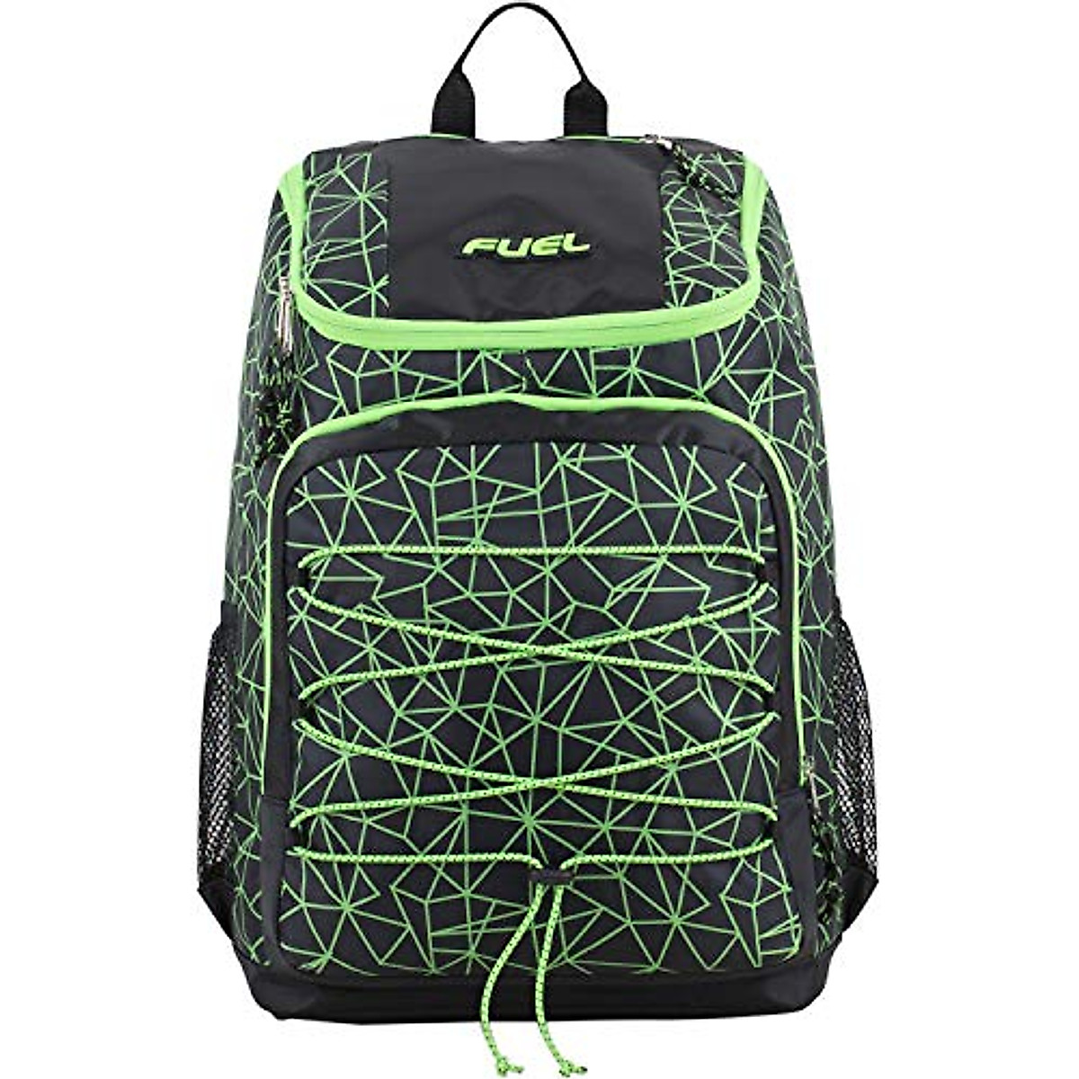 FUEL Wide Mouth Sports Backpack with Front Bungee and Inner Tech Pocket, Black/Lime Green Sizzle/Shattered Geo Print