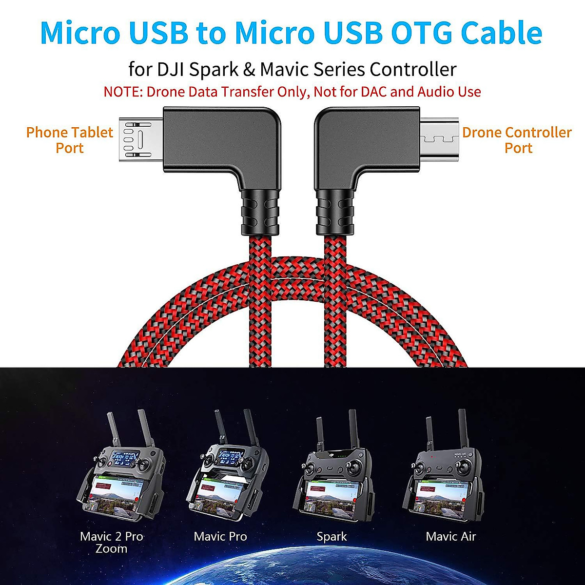 1FT 90 Degree Micro USB to Micro USB Android Phone Tablet OTG Data Cable Right Angle Connector Wire Cord for DJI Spark, Mavic Pro, Platinum, Air, 2 Pro, Zoom Remote Controller Accessories (1 Pack)