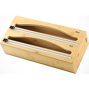 Utopia Kitchen 2 in 1 Plastic Wrap Dispenser with Cutter, Aluminum Foil and Plastic Wrap Organizer with Cutter, Bamboo Dispenser for Kitchen Organization and Storage - Fits 12 Inch Rolls - Natural