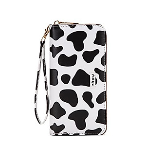 Ecohaso Womens Wallet Ladies Leather Clutch Wallets Zip Around Large Long Wristlet Card Holder Organizer Phone Purse for Women and Ladies (BLACK WHITE)