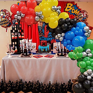 152pcs Red Blue Yellow Balloon Garland Kit with Metallic Silver Balloons, Colourful Balloon Arch Kit with Red Black Green Balloon for Kids Birthday Carnival Superhero Themed Party Decor