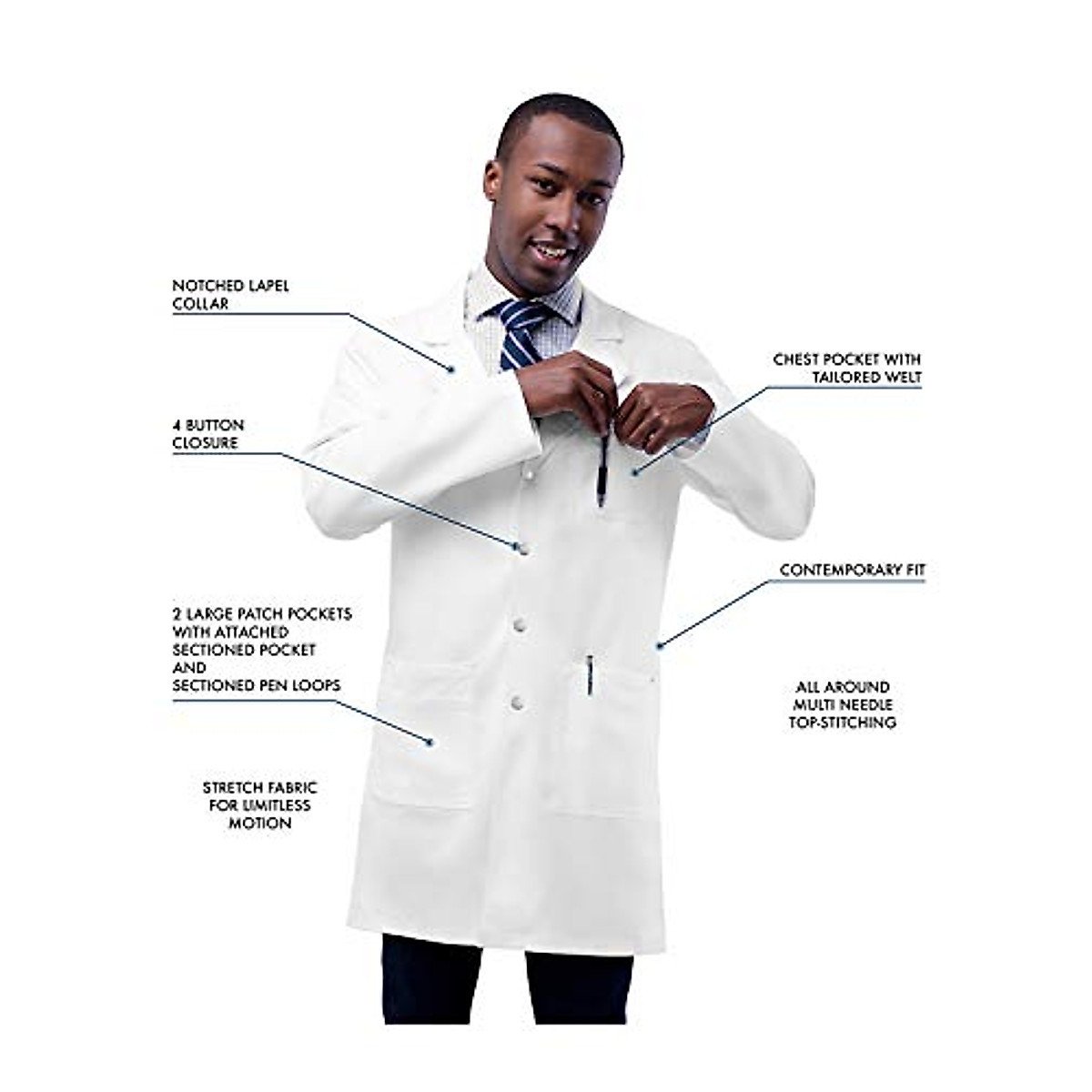 Adar Universal Stretch Unisex Lab Coat - 36" Snap Front Lab Coat - 3308 - White - L