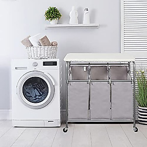 STORAGE MANIAC 3-Section Laundry Sorter with Foldable Ironing Board, Heavy-Duty Rolling Laundry Cart with and Removable Bags, Triple Laundry Hamper with Wheels, Laundry Sorter with Top Shelf, Grey