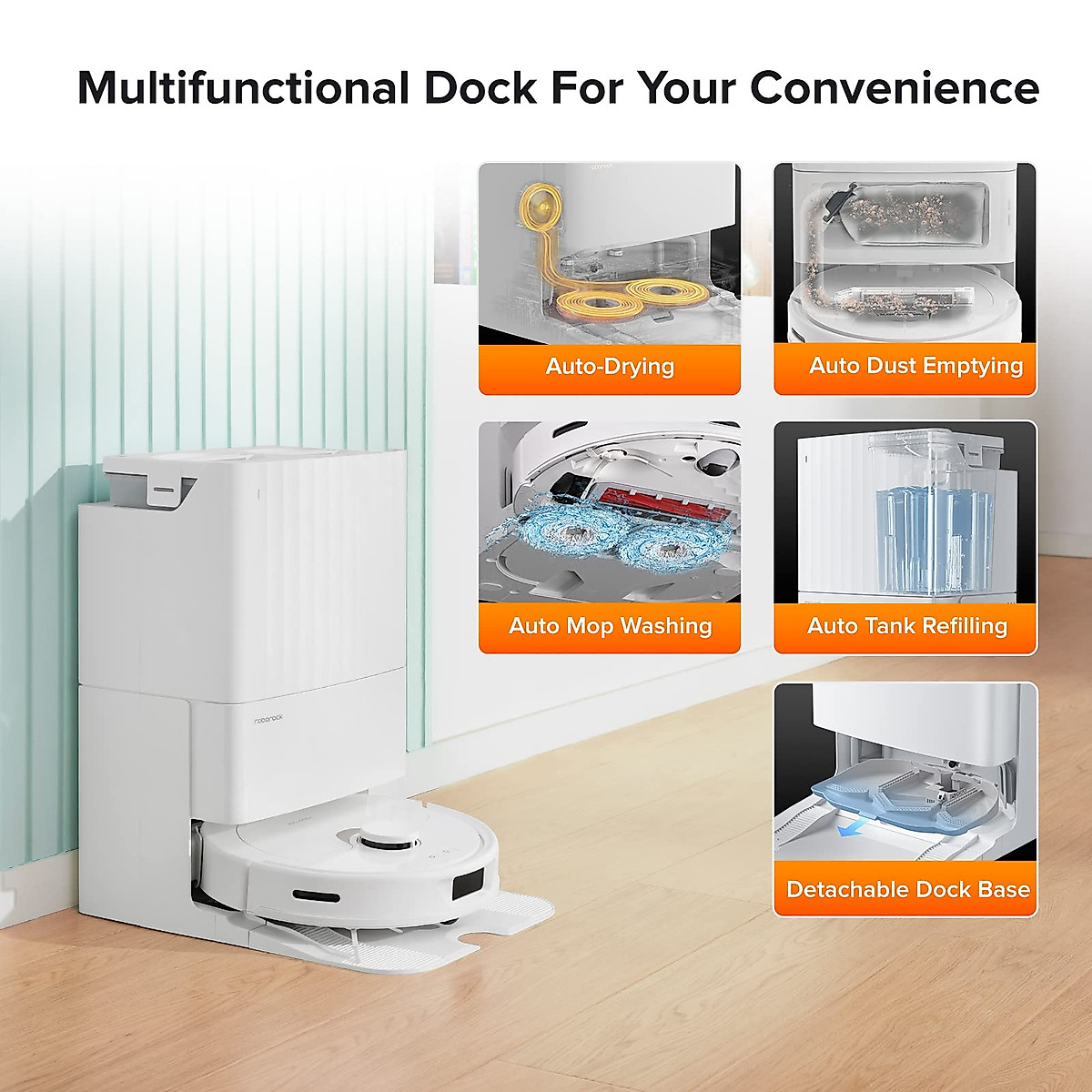 roborock Q Revo Robot Vacuum and Mop, Auto-Drying, Auto Mop Washing, Dual Spinning Mops, Auto Mop Lifting, Self-Refilling, Self-Emptying, Reactive Tech Obstacle Avoidance, 5500Pa Suction, White