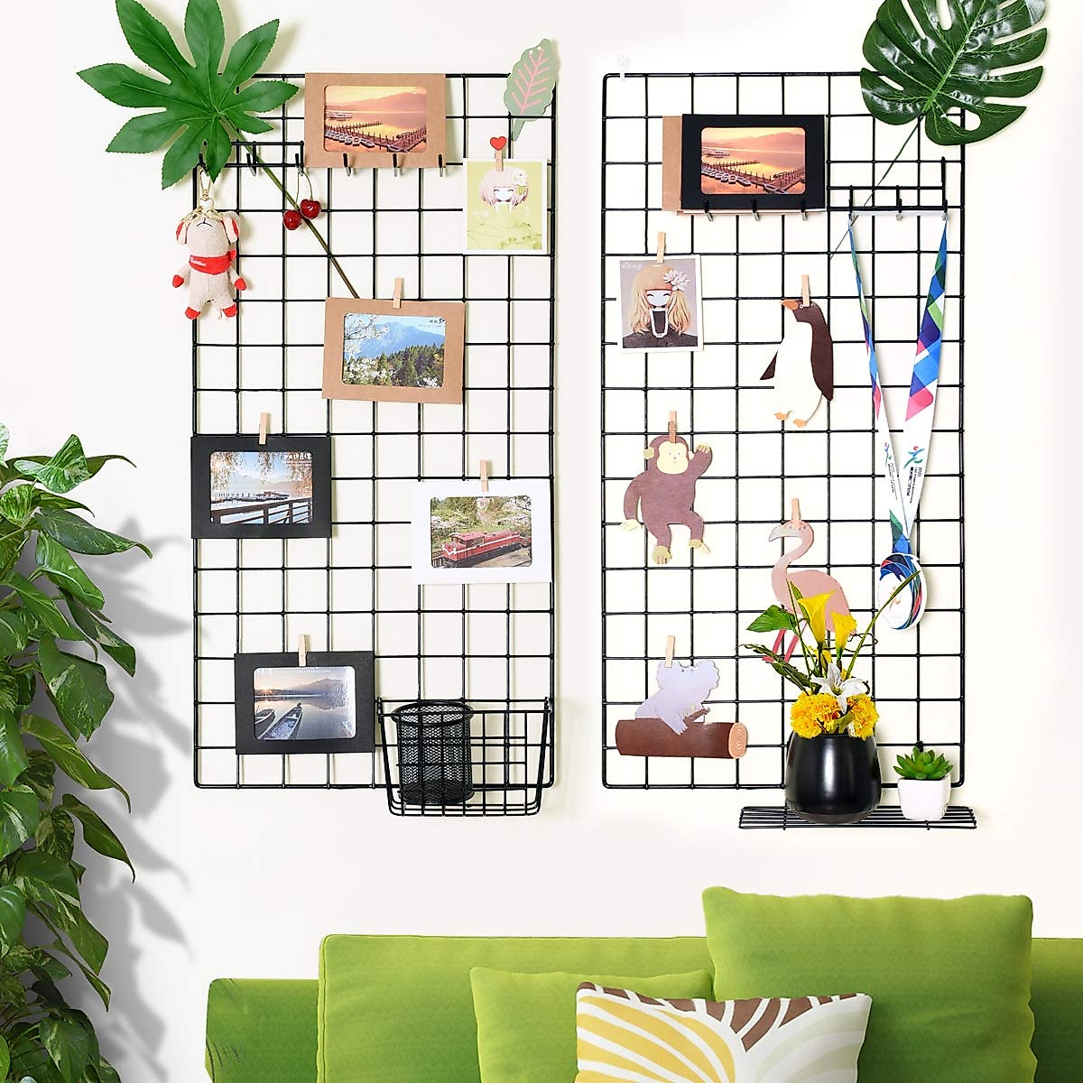 Wall Photo Grid Shelf, Wall Hanging Ins Art Display Grid Panel for Decor & Storage, Metal Wire Notice Boards & Memo Board, Mesh Tool Organiser, Wall Photo Frame 2 Pcs (Black, 15.7 x 31.5 inches)