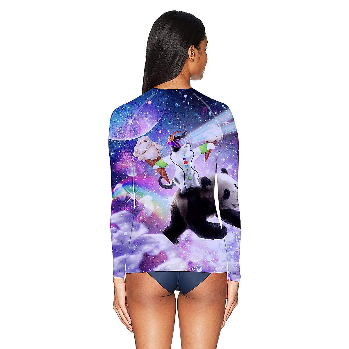 O2TEE Women's Mixed Print Panda Music Cat Long Sleeve Swim Tee Rash Guard Coverup,Medium