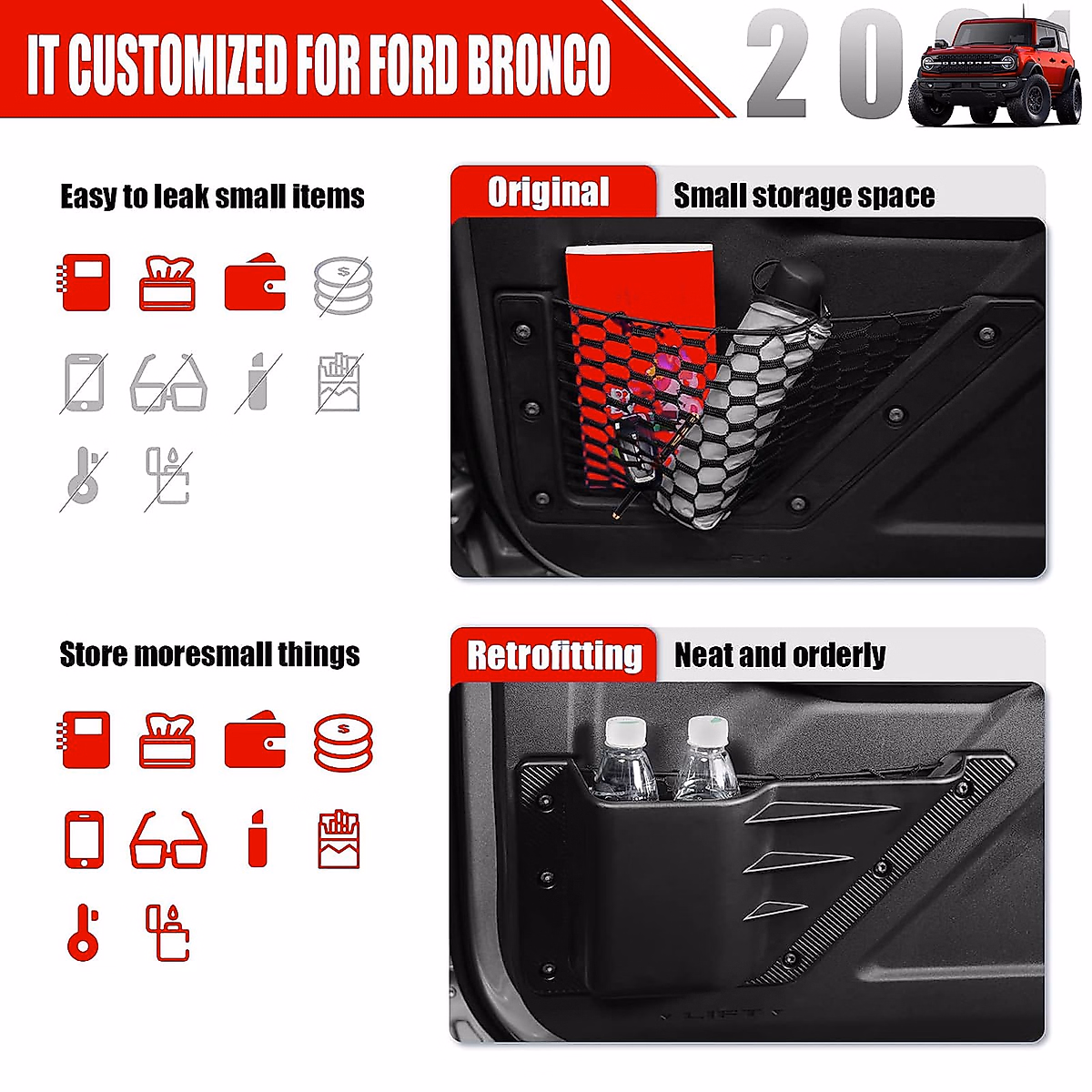 Mabett Front Door Storage Pockets for Ford Bronco Accessories 2021 2022 2023 2024, Side Door Organizer Box fit Bronco 2/4-Door, Insert Cup Holder(2PCS)