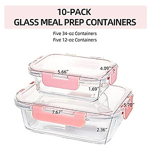 SHYRC 10 Pack Glass Meal Prep Containers with Lids, Airtight Glass Food Storage Containers Leak Proof Glass Lunch Containers(10 Lids & 10 Containers) - Pink