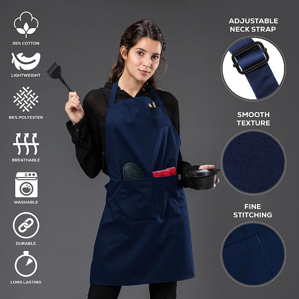 Professional Grade Premium Chef Kitchen Aprons for Cooking with Three Pockets, Water and Stain-Resistant, Machine Washable, Cute Cooking Aprons for Women and Men (Plain, Navy Blue)
