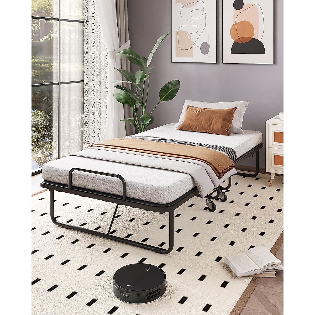 Ferlizer Folding Bed with Mattress for Adults, [Twin] Rollaway Bed with Mattress - 4" Memory Foam & Sturdy Metal Structure - 75" x 38", Black