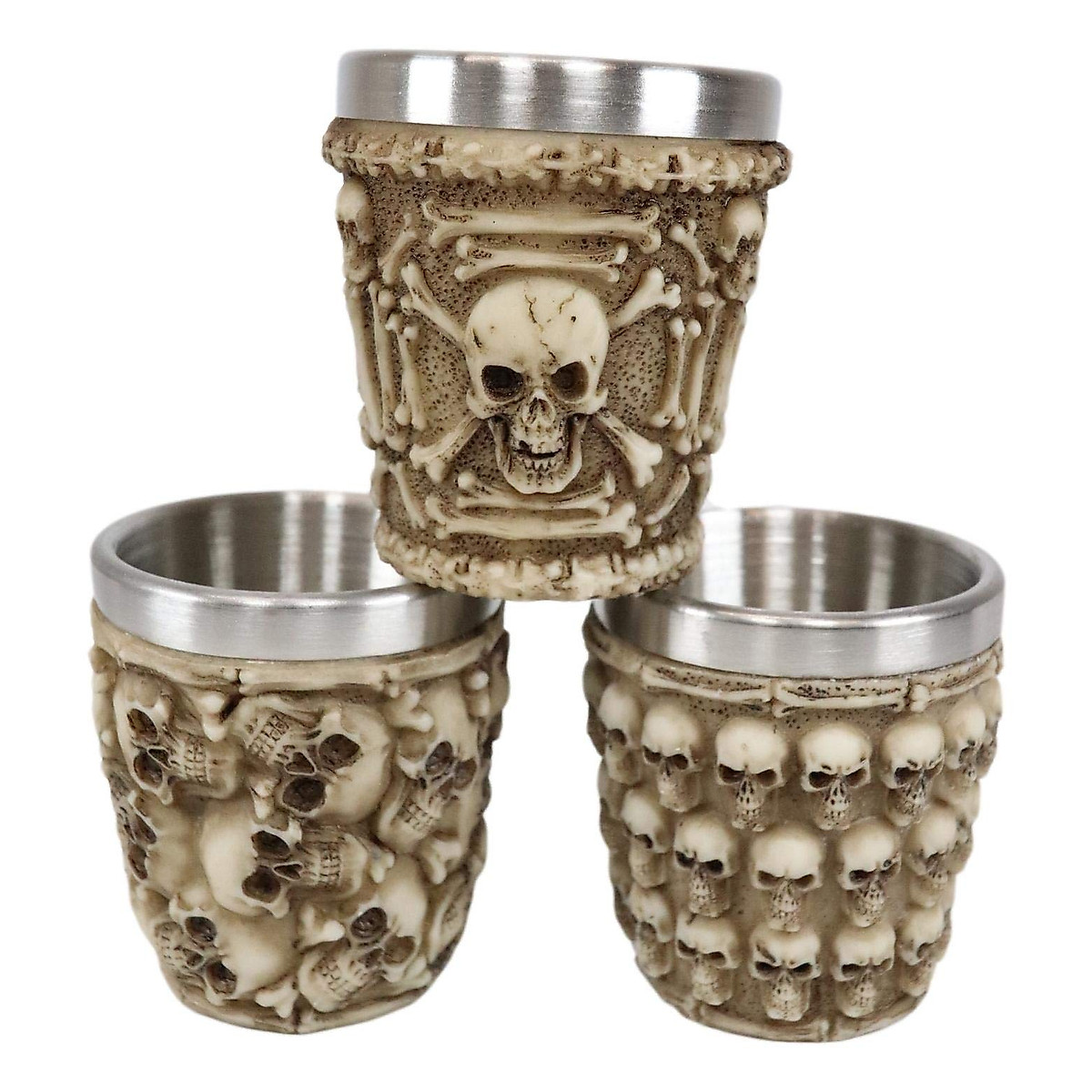 Ebros Ossuary Macabre Graveyard Piled Up Morphing Skulls And Skeleton Bones Resin Shot Glass With Stainless Steel Inner Cup Liner Skeleton Skull Shooter Drinkware Decor
