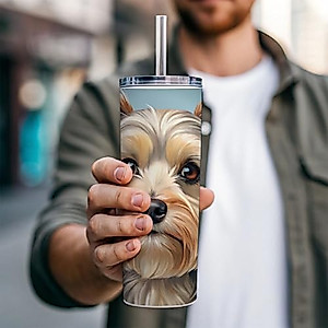 Morkie Dog Illustration Skinny Tumbler 20oz with Straw Insulated Water Bottle Gift