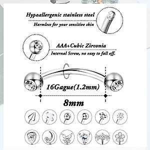 Suprsparkle 12Pcs 16G Hypoallergenic Stainless Steel Curved Barbell Eyebrow Rings For Women Men Rook Daith Cartilage Earrings Labret Lip Monroe Rings CZ Petite Belly Button Ring Silver Tone8mm