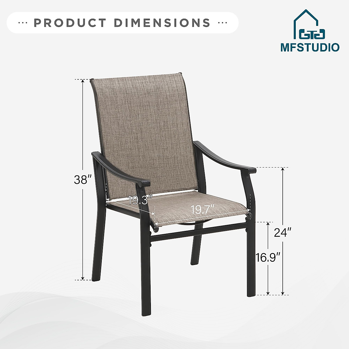 MFSTUDIO Outdoor Patio Dining Chairs, 2 PCS Metal Frame Patio Sling Chairs with Backrest and Armrest, All Weather Resistant Heavy Duty Patio Chair, Grey