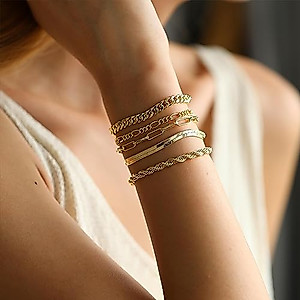 Poxtex Gold Bracelets for Women, 14K Gold Dainty Waterproof Adjustable Bracelets for Women Trendy, Gold Jewelry Sets Inclued Beaded, Cuban, Paperclip, Herringbone, Rope, 7"+2" Extender Chain