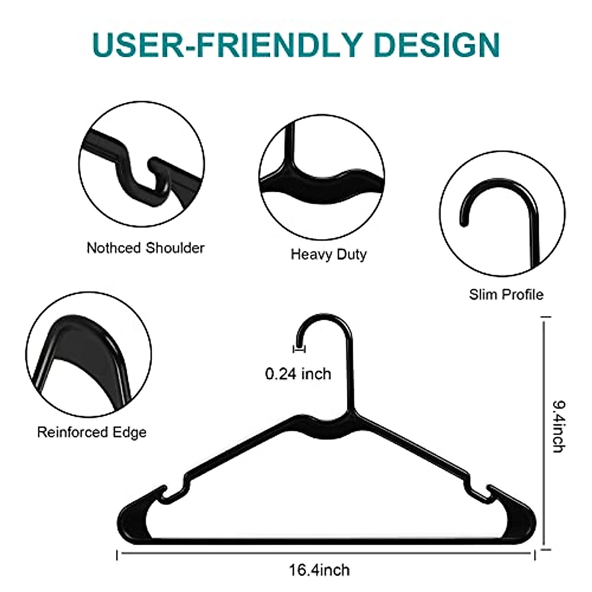 Micuul Plastic Clothing Notched Hangers (50 Pack) Heavy Duty Durable Coat and Clothes Hangers, Lightweight Space Saving Laundry Hangers Hangs up to 6 lbs for Coats, Pants, Dress, Etc. (Black, 50)