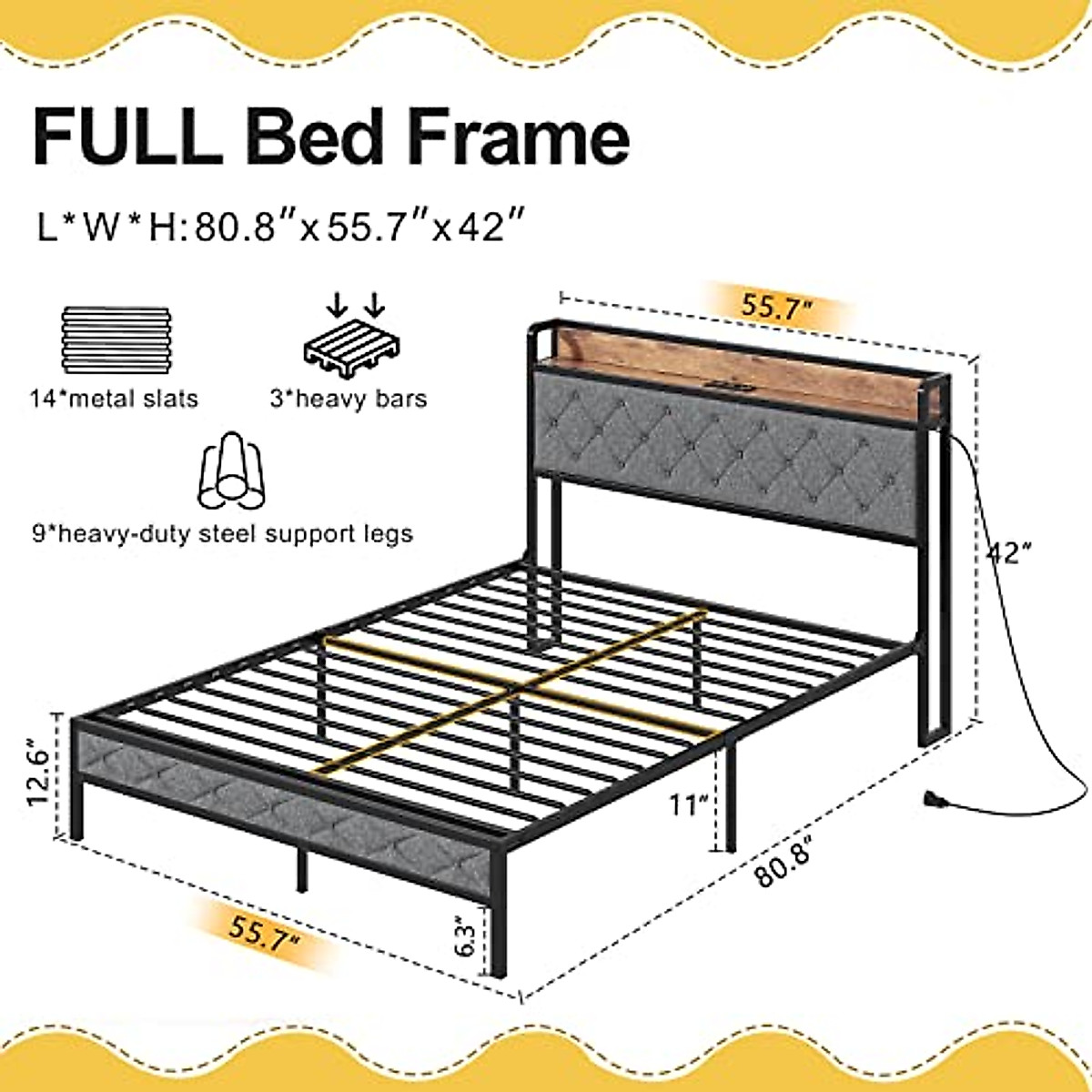 CBBPET Full Size Bed Frame with Headboard, Bed Frame with Charging Station, Platform Bed Frame Full No Box Spring Needed - Easy to Assemble