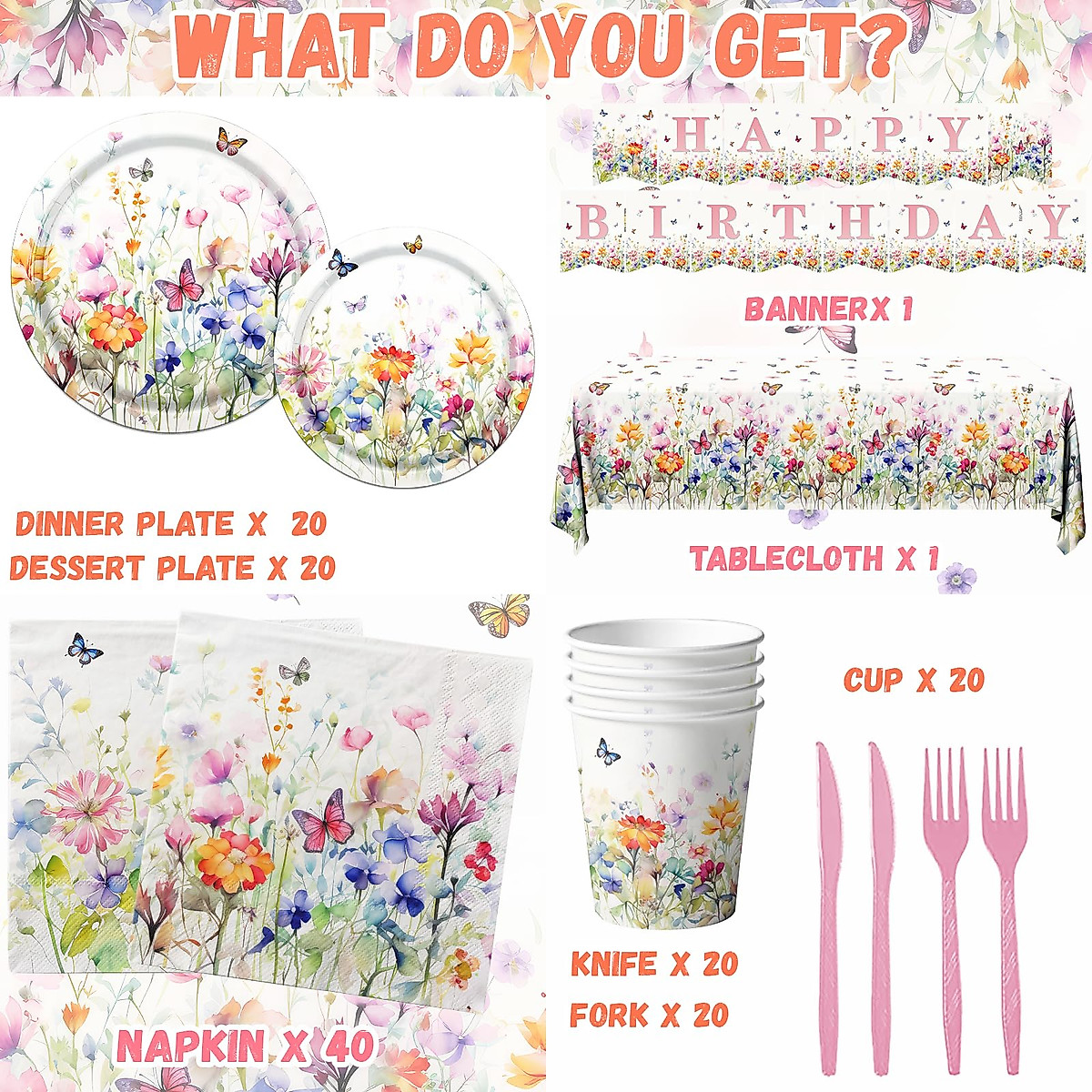 Wildflower Baby Shower Decorations,142Pcs Wildflower Baby in Bloom Plates and Napkins,Tablecloth,Cup Butterfly Floral Theme Table Decorations for Bridal Shower Birthday Party