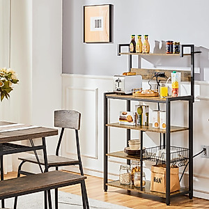 Yaheetech Bakers Rack with Power Outlet, Microwave Stand with Wire Basket & 6 S-Hooks, Coffee Bar Station w/5-Tier Storage Shelves, Storage Shelf Unit for Dinning Room/Living Room, Rustic Brown