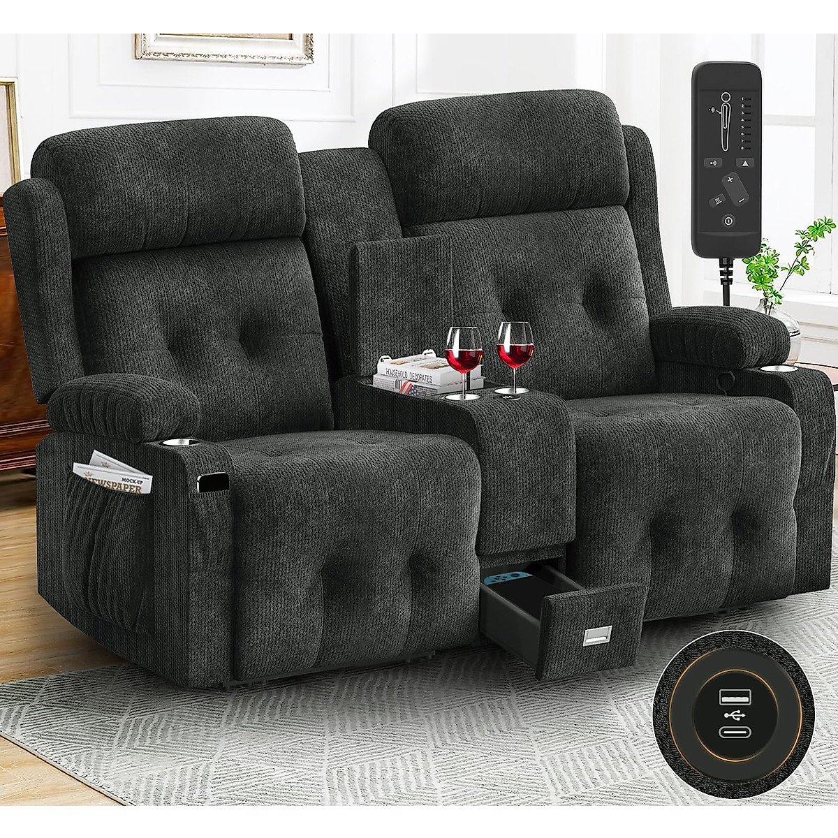 Aotolo Reclining Loveseat, Massage Loveseat Recliner Sofa Heavy Weight Capacity, RV Love Seat Chair Clearance with Console, USB, Type C Port, Storage, Cup Holders, Wall Hugger Couch, Fluffy Fabric
