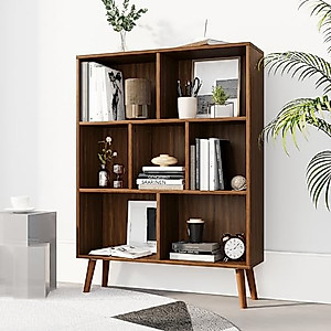 DIFY Wooden Bookcase 7 Cube Open Bookcase with Legs, Display Bookshelves Storage Organizer Shelf for Living Room, Home Office and Bedroom, Walnut