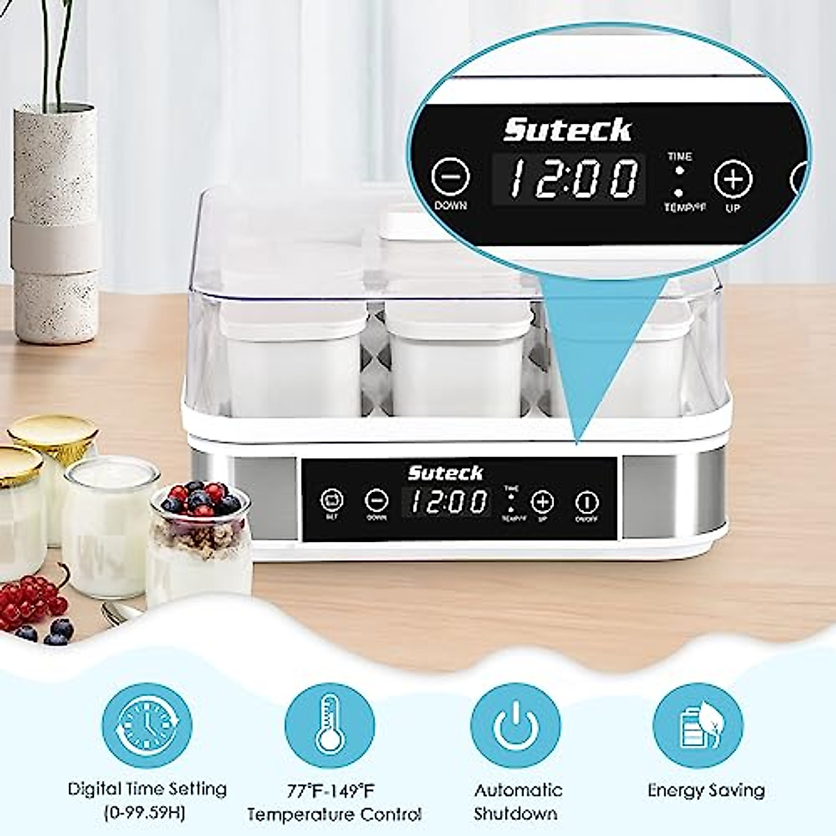 Suteck Yogurt Maker, Greek Yogurt Maker with Temperature Control & Timer, Automatic Digital Yogurt Makers with 9 Glass Jars, 2 Spoons & Recipe, Perfect for Home Organic Yogurt, Cheese/Natto Maker.