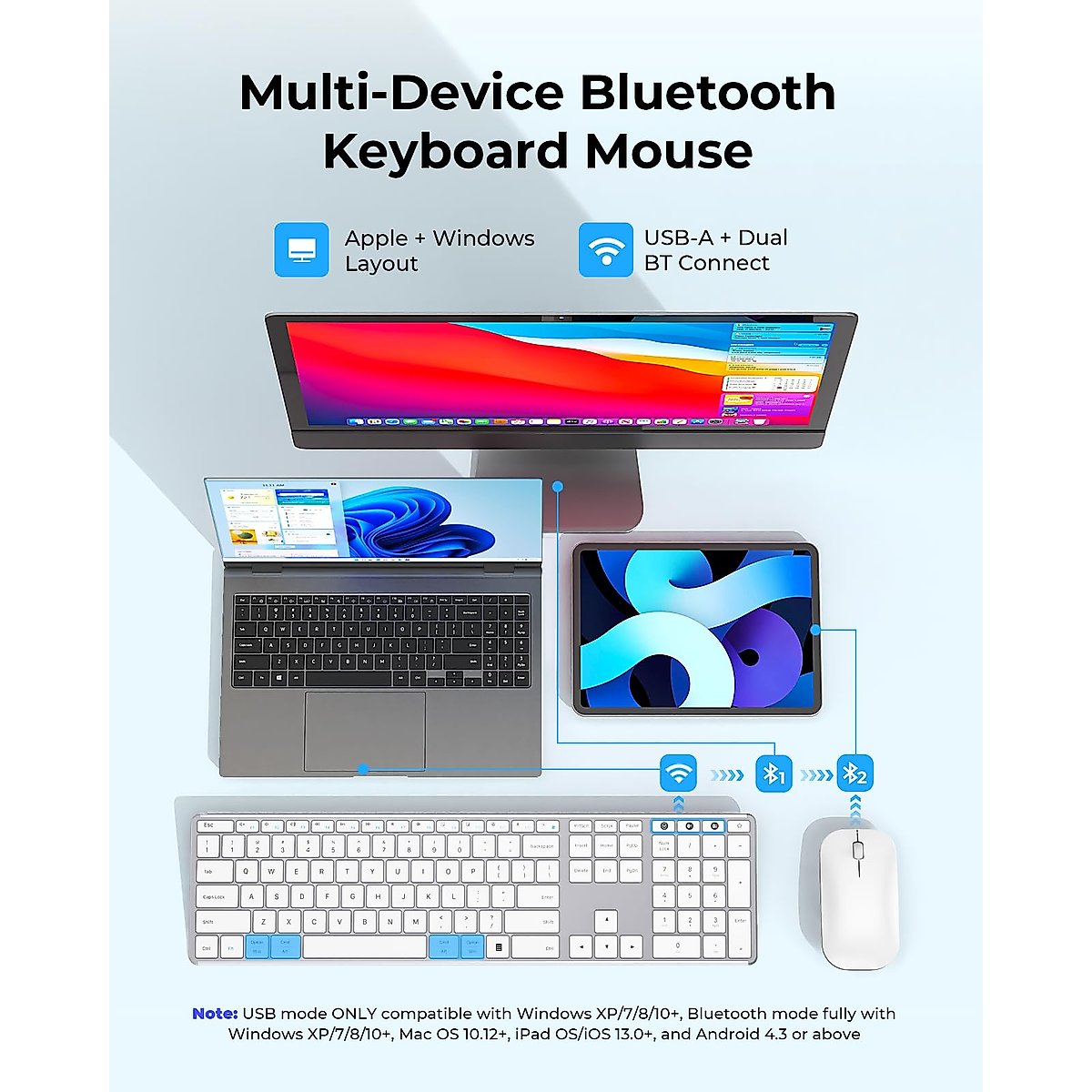 Wireless Bluetooth Keyboard and Mouse Combo (USB + Dual BT), seenda Multi-Device Rechargeable Slim Keyboard and Mouse, Compatible for Win 7/8/10, MacBook Pro/Air, iPad, Tablet - White Silver
