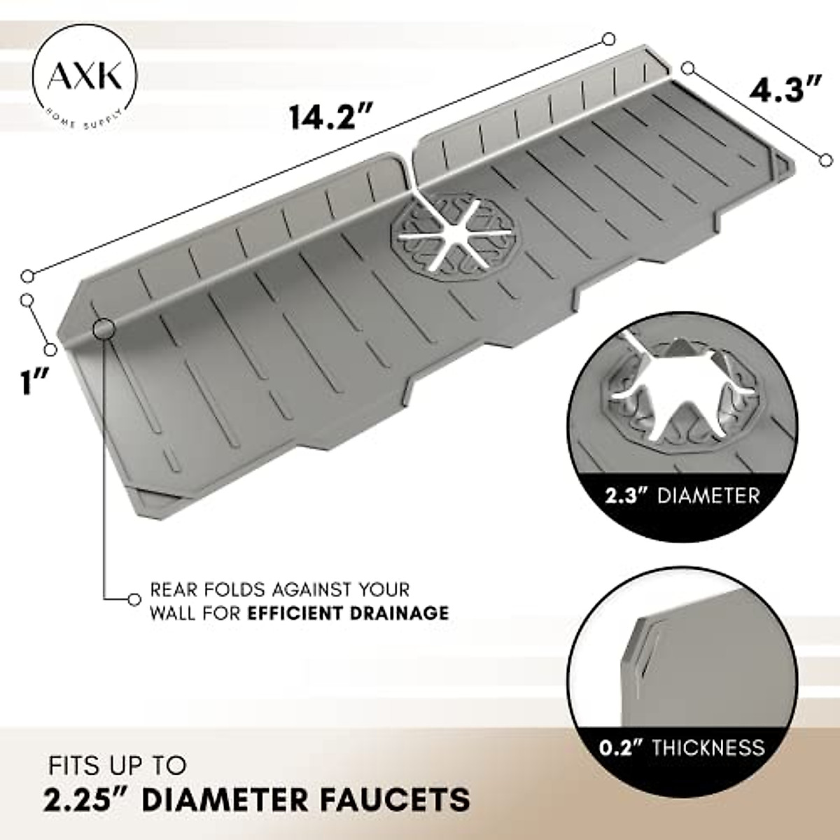 AXK Home Supply Silicone Sink Faucet Mat Splash Protector, Splash Guard, Perfect For Narrow Faucets,Protects Counter From Standing Water-Washable-Kitchen-Bathroom-RV-Laundry-Office(Gray)