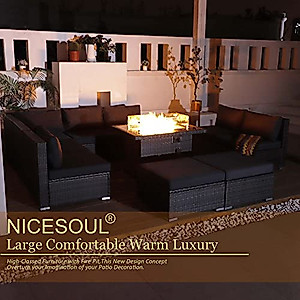 NICESOUL® Large Size PE Rattan 10 Seats Patio Furniture Sectional Sofa Sets with Fire Pit Table Gray Outdoor Wicker Conversation Sets Modern Luxury