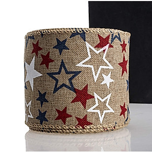 Red White Blue Stars Pattern Wired Edge Burlap Ribbon, 10 Yards by 2.5 Inches (Style 3)