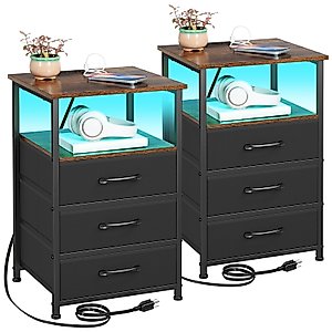 LOAKEKEL Nightstands Set of 2, Large End Tables Living Room, Bed Side Tables with Charging Station, 24.7" Tall Night Stand with 3 Fabric Drawers and LED Light Strip for Bedroom HNS013BR