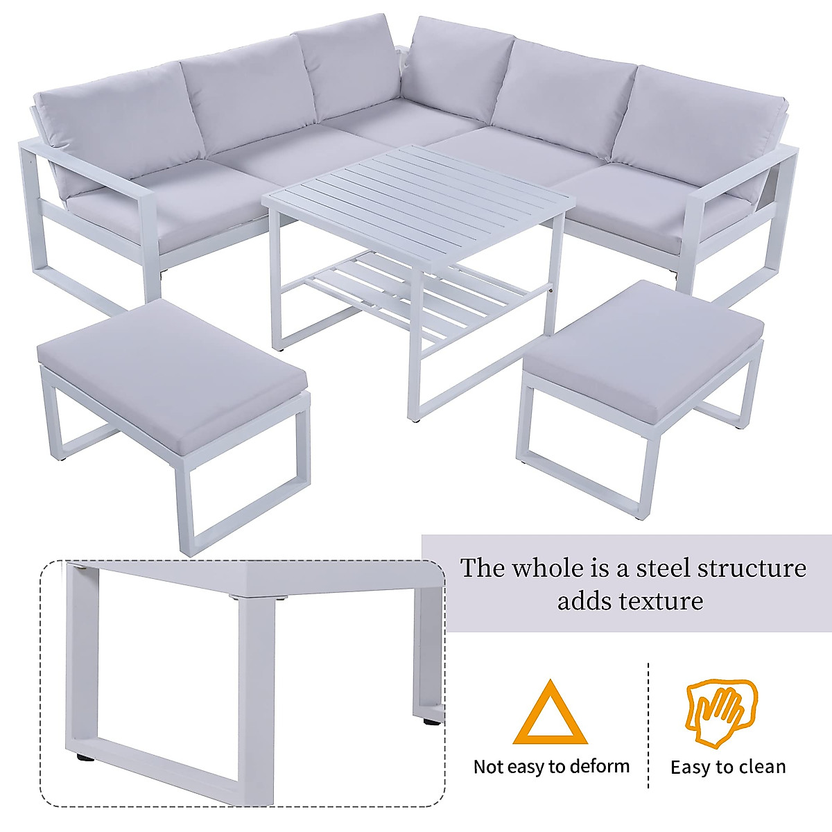 BIADNBZ 6-Pieces Patio Furniture Set for 7,Outdoor Conversation Sectional Sofa with with 1 Table and 2 Benches for Garden Deck Backyard, White