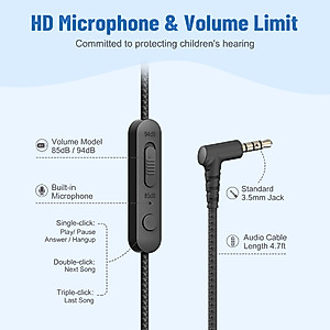 rockpapa Share 1 Kids Headphones Wired with Microphone & Share Port, 85dB/94dB Volume Limited, Cute Foldable Student Child Boys Girls Headphones for School/Classroom/Travel Black/Grey