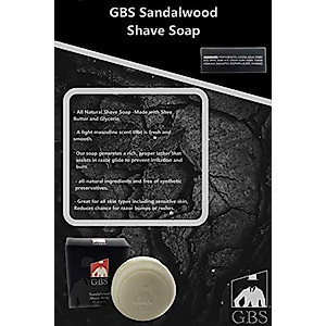 GBS Men's Sandalwood Shaving Soap 97% All Natural Enriched With Shea Butter and Glycerin, Creates Rich Lather Form, 3 Oz Pack of 1(1 Sandalwood Round Shaving Soap)