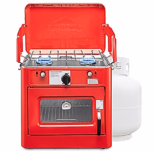 Hike Crew Outdoor Gas Camping Oven w/Carry Bag | 2-in-1 Portable Propane-Powered Stovetop & Oven w/ 2-Burner Cooktop Range, Auto Ignition, Overheat Safety Shutoff, Built-In Thermometer, Hose Regulator