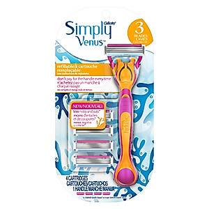 Gillette Simply Venus Refillable 3 Blade Razor with 4 Cartridges Refills - Pivoting Head & Moisture Strip, Womens Razors / Blades