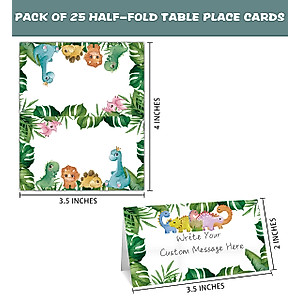 Table Place Card for Baby Shower, 25 Pcs Tent Cards Set with Tropical Palm Leaves Design, Editable Name Cards for Table Seating, Dinosaur Party Food Lables, Safari Jungle Baby Shower Decorations(11)