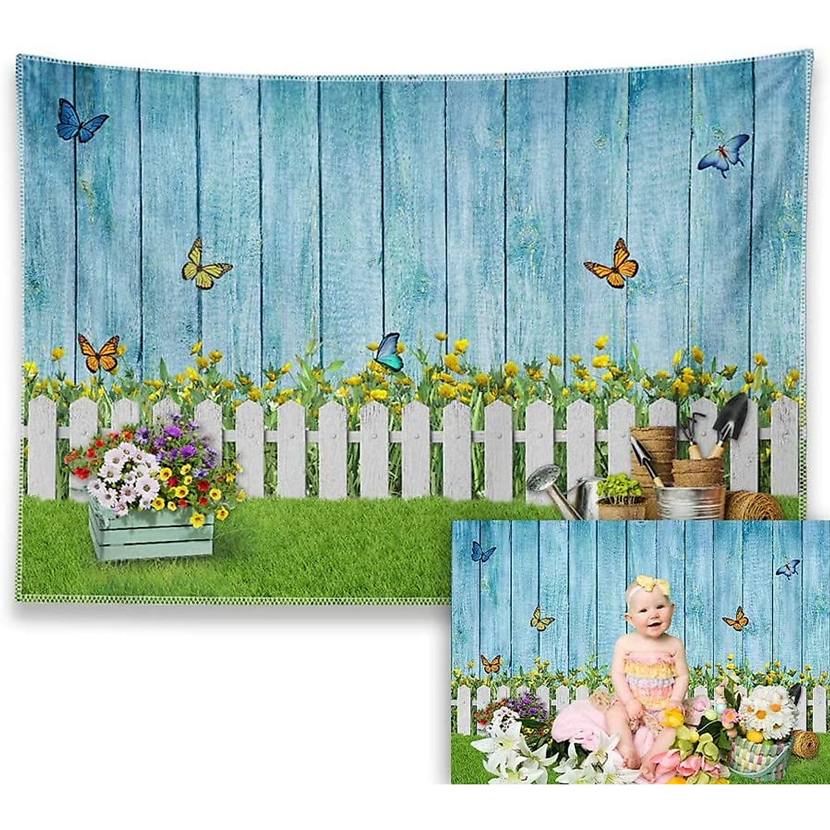 ZTHMOE 7x5ft Fabric Spring Photography Backdrop Easter Garden Floral Background Butterfly Grass Blue Wooden Wall Banner Photo Booth Studio Props