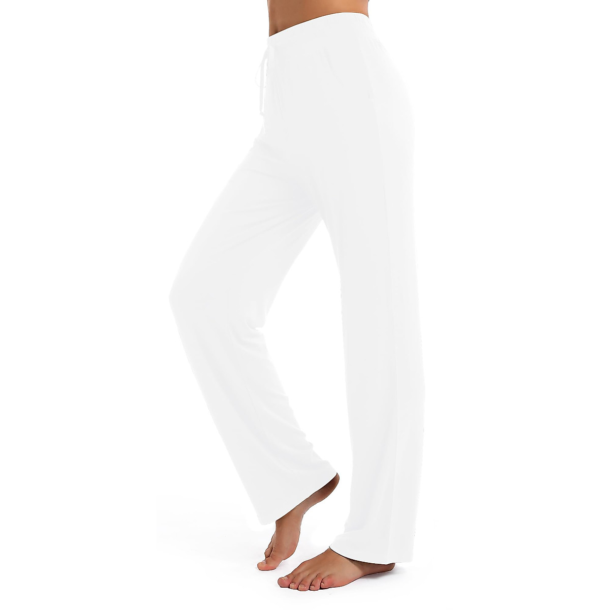Urban CoCo Women's Straight Leg Long Pants Elastic High Waist Drawstring Casual Trousers with Pockets (White, 2XL)